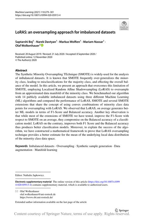 Pdf Loras An Oversampling Approach For Imbalanced Datasets