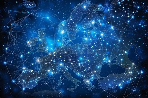 Europe Network Digital Connections Cyberspace With Glowing Lines Stars And Particles Stock