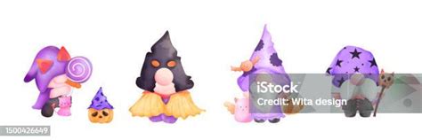 할로윈 격언 벡터 일러스트레이션 마녀의 수채화 만화 세트 마법사 고양이 유령 배너 디자인 귀여운 할로윈 만화 캐릭터 일러스트레이션을 흰색 배경에 분리합니다 가공의 인물에