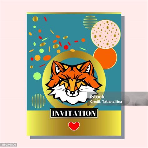 여우와 인사말 초대 카드 템플릿 디자인 배너 전단지 초대장 포스터 웹 사이트 또는 인사말 카드를 디자인합니다 벡터 일러스트레이션 검은색에 대한 스톡 벡터 아트 및 기타