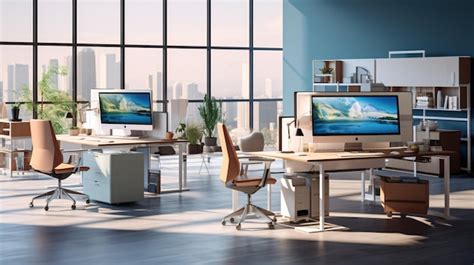 Premium Ai Image Sleek Furniture In A Vibrant Modern Office With Neutral Palette And Tech Gadgets