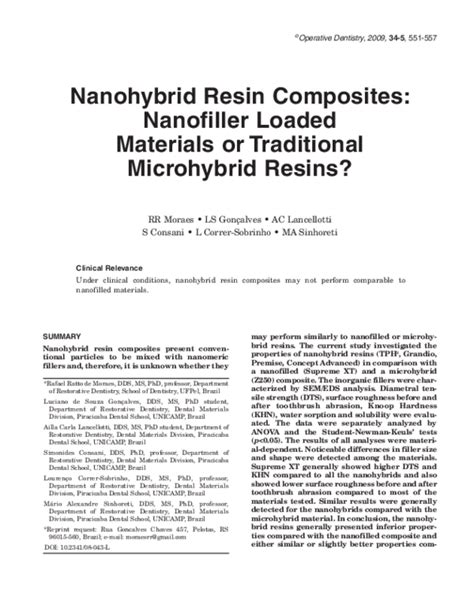 Pdf Nanohybrid Resin Composites Nanofiller Loaded Materials Or Traditional Microhybrid Resins