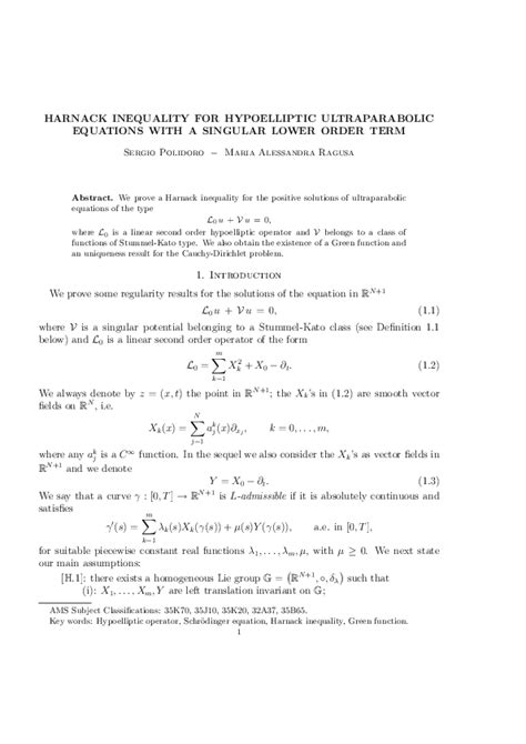 Pdf Harnack Inequality For Hypoelliptic Ultraparabolic Equations With