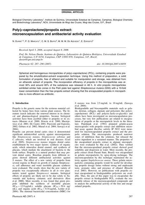 Pdf Poly ε Caprolactone Propolis Extract Microencapsulation And Antibacterial Activity