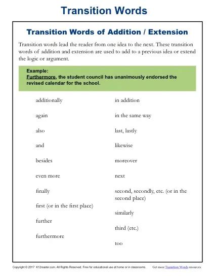 Transition Words Resources Worksheets K12Reader