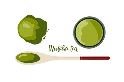 녹차 말차를위한 숟가락 일본 전통 음료를 만들기위한 일본 말차 도구 가루 말차 녹차 평면 벡터 평면도 그림 서식 파일 포스터