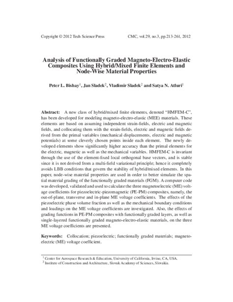 Pdf Analysis Of Functionally Graded Magneto Electro Elastic Composites Using Hybridmixed