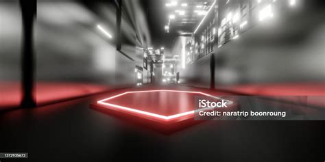 기술 바닥과 벽 육각 레이저 빛 3d 일러스트와 방에 제품 베이스의 배경 네온에 대한 스톡 사진 및 기타 이미지 네온 반지 3차원 형태 Istock