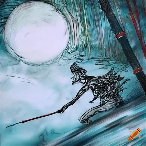 Epic Battle Between Two Warriors In A Bamboo Forest Under A Starry Sky