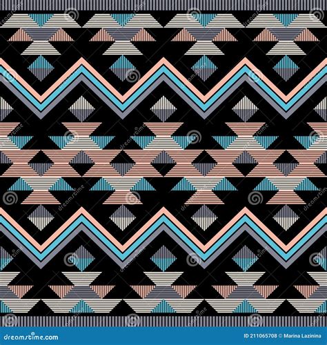 Zigzag Mosaic With Geometric Shapes Seamless Pattern Design With Manual Hatching Textile