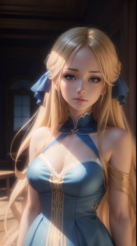 긴 금발머리에 파란 드레스를 입은 여성의 클로즈업 Seaart Ai