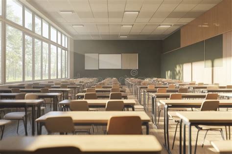 Modern Empty Classroom With Wooden Desks And Chairs Large Windows And Projector Screen