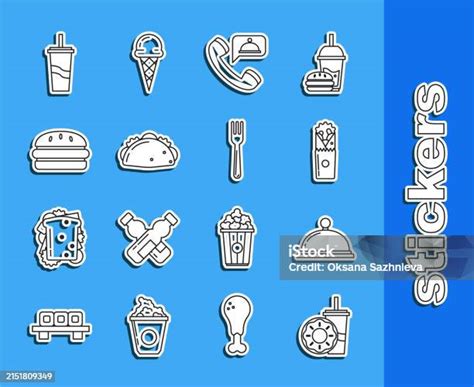 빨대와 도넛을 마시는 종이 유리 음식의 덮인 트레이 케밥 케밥 음식 주문 타코 토르티야 버거 물 및 포크 아이콘을 설정합니다 벡터 가리기에 대한 스톡 벡터 아트 및 기타
