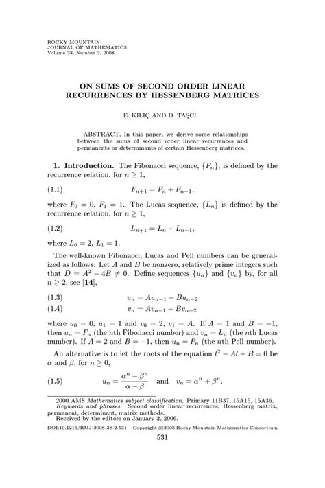 Pdf On Sums Of Second Order Linear Recurrences By Hessenberg Matrices