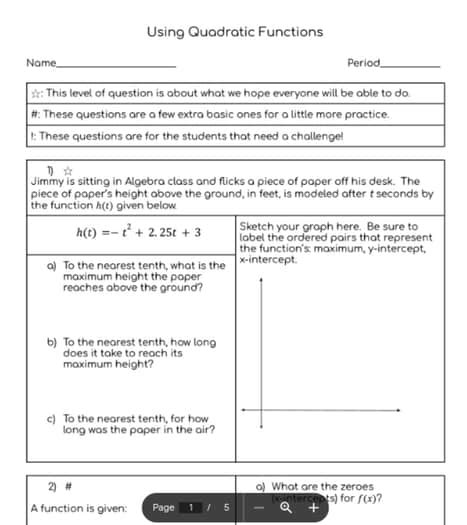 Quadratic Function Word Problems Video Notes W Graphic Org And Worksheet
