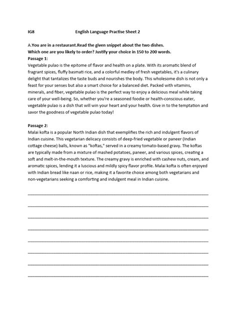 Ig8 English Langauge Practise Sheet 2 Pdf Indian Cuisine Asian