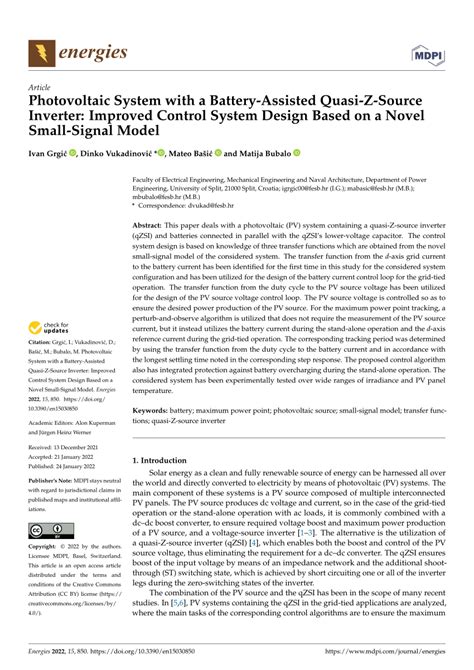 Pdf Photovoltaic System With A Battery Assisted Quasi Z Source Inverter Improved Control