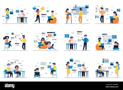 Web Development Concept With Tiny People Scenes Set In Flat Design