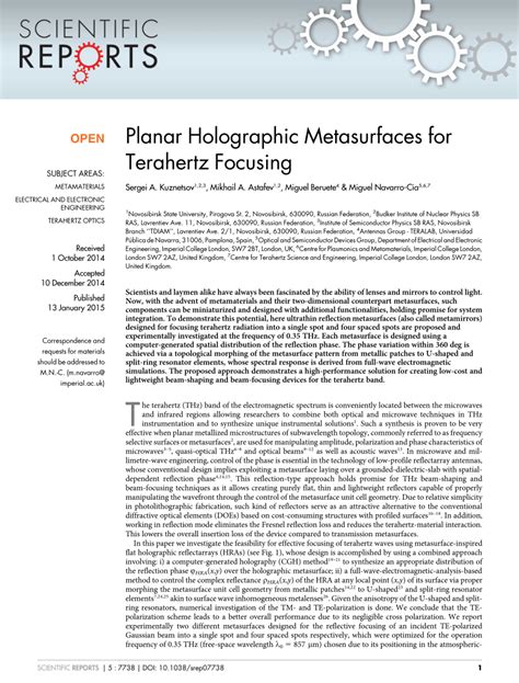 Pdf Planar Holographic Metasurfaces For Terahertz Focusing