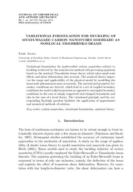 Pdf Variational Formulation For Buckling Of Multi Walled Carbon Nanotubes Modelled As Nonlocal