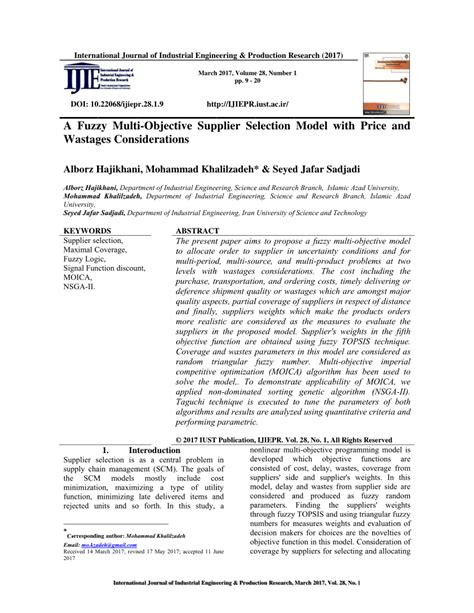 Pdf A Fuzzy Multi Objective Supplier Selection Model With Price And