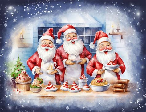 Illustration Of Three Santa Helpers Laughing About To Eat Delicious Desserts Stock Illustration