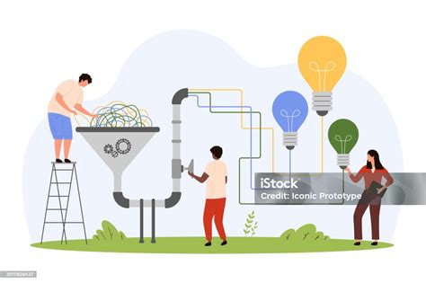 복잡한 것부터 쉬운 것까지 작은 사람들이 깔때기로 작업하는 단순화 방법에 의한 문제 해결 개념에 대한 스톡 벡터 아트 및 기타 이미지 개념 관 튜브 기계류 Istock