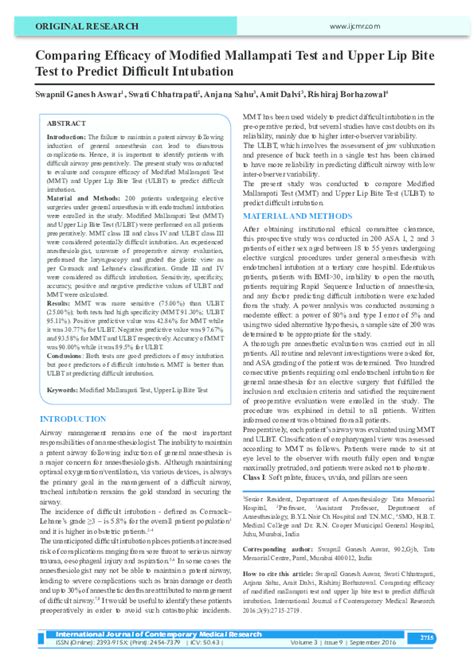 Pdf Comparing Efficacy Of Modified Mallampati Test And Upper Lip Bite