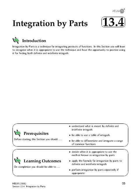 Integration By Parts Helm ® Integration By Parts 13 Introduction