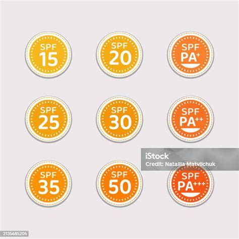 Spf 스티커 세트 벡터 일러스트 레이 션입니다 자외선 차단제 포장 제품 피부 화장품 선글라스에 대한 자외선 차단 계수 아이콘 Uv 보호 기호 컬러 그라데이션이 있는 스킨