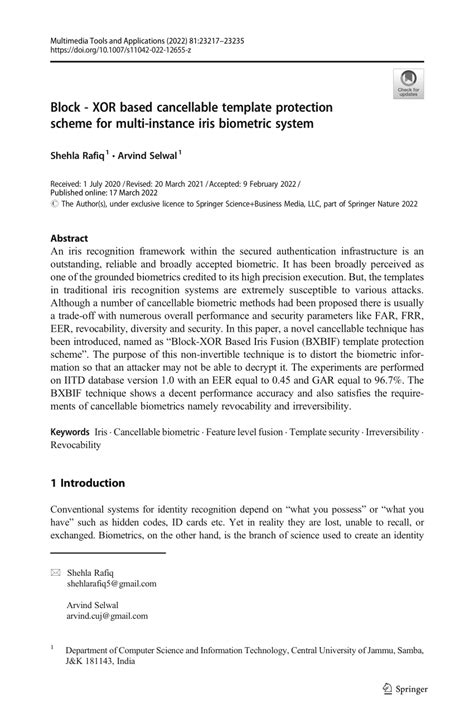 Pdf Block Xor Based Cancellable Template Protection Scheme For