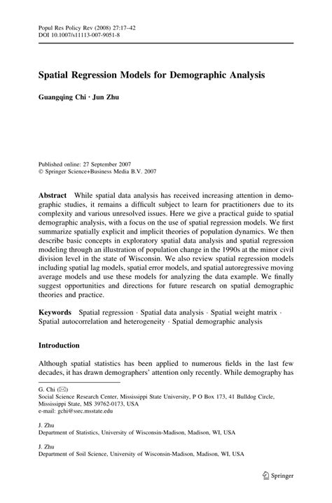 Pdf Spatial Regression Models For Demographic Analysis