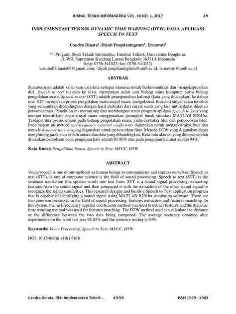 Implementasi Teknik Dynamic Time Warping Dtw Pada Aplikasi Speech To