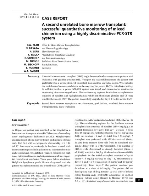 Pdf A Second Unrelated Bone Marrow Transplant Successful Quantitative Monitoring Of Mixed