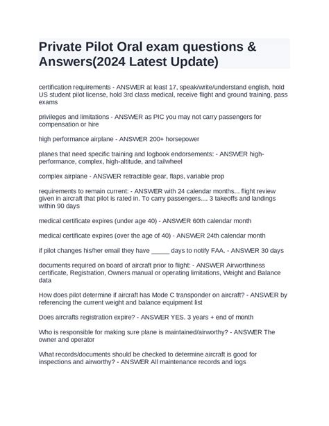 Private Pilot Oral Exam Questions And Answers2024 Latest Update Exams Engineering Docsity