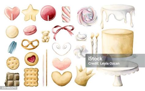 생일 케이크 막대 사탕 진저 브레드 하트 마카롱 마시멜로 쿠키 귀여운 클립 아트 세트 수채화 일러스트레이션 0명에 대한 스톡 벡터 아트 및 기타 이미지 Istock