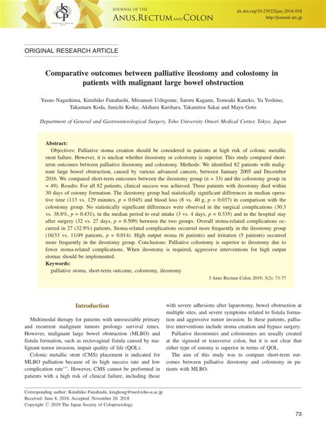Pdf Comparative Outcomes Between Palliative Ileostomy And Colostomy