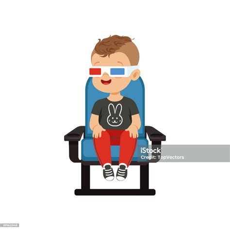 파란의 자에 앉아서 영화 벡터 일러스트 레이 션에에서 3d 영화를 보고 3d 안경에 웃는 어린 소년 개념에 대한 스톡 벡터 아트 및 기타 이미지 Istock