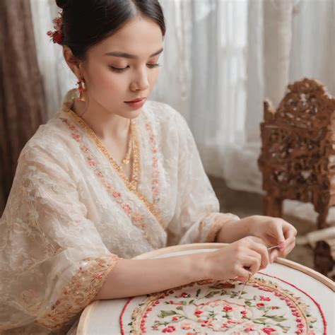 穿著白色洋裝的阿拉伯婦女正在刺繡 SeaArt AI