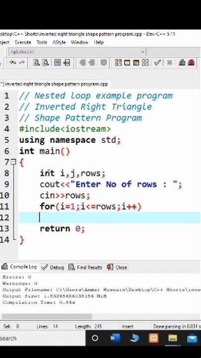 84 inverted right triangle shape pattern program in c c