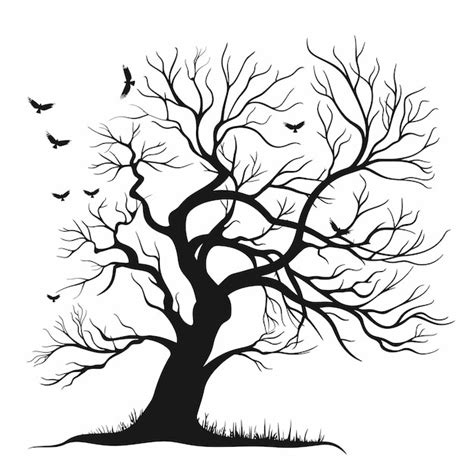 Premium Vector A Drawing Of A Tree With Birds Flying In The Sky