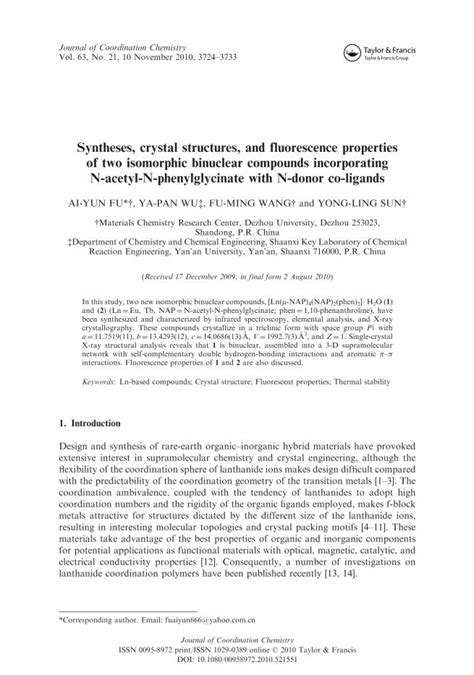 Pdf Syntheses Crystal Structures And Fluorescence Properties Of Two