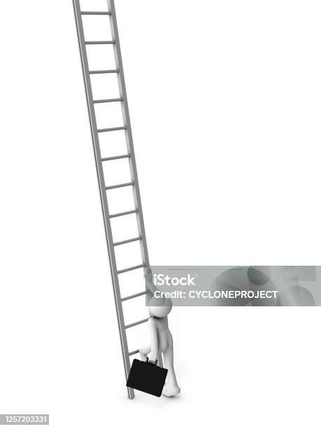 긴 사다리 앞에서 주저하는 캐릭터 흰색 배경입니다 3d 렌더링 사다리에 대한 스톡 사진 및 기타 이미지 사다리 긴 사업가 Istock