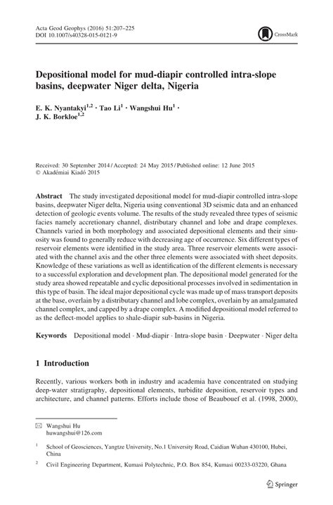 Depositional Model For Mud Diapir Controlled Intra Slope Basins Deepwater Niger Delta Nigeria