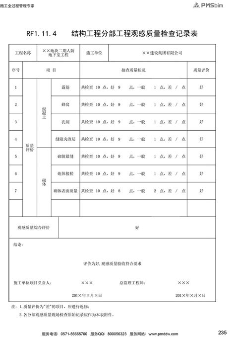 人防工程资料填写范例——rf1114 结构工程分部工程观感质量检查记录表品茗逗逗网品茗施工软件服务平台