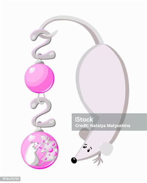 크리스마스 공 흰색 금속 쥐크리스마스 트리를 장식합니다 중국 새해 2020의 상징 벡터 그림입니다 배경의 디자인 커버를 위한 크리스마스 공과 숫자 2020년에 대한 스톡