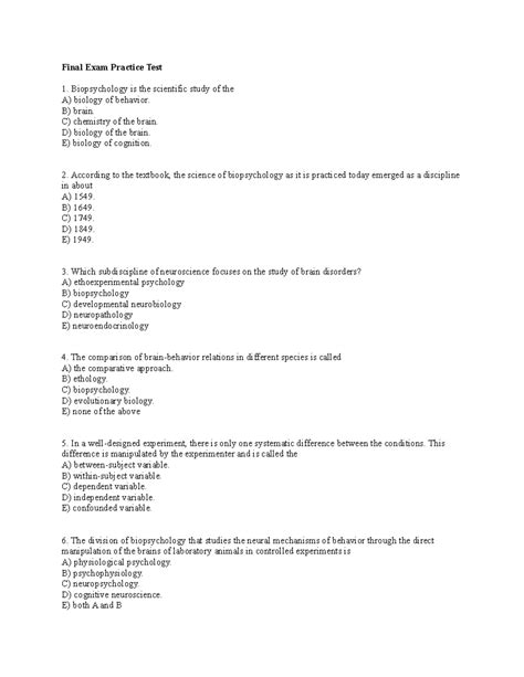Final Exam Practice Test Final Exam Practice Test Biopsychology Is