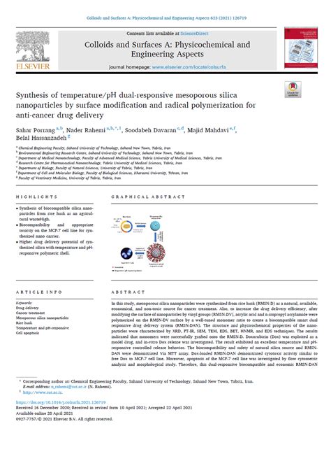 Pdf Synthesis Of Temperatureph Dual Responsive Mesoporous Silica Nanoparticles By Surface