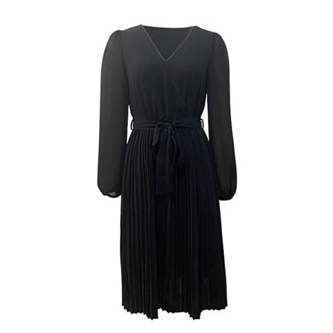 Spentoper Ladies Long Sleeve V Neck Pleated Black Tie Dress Slim Long