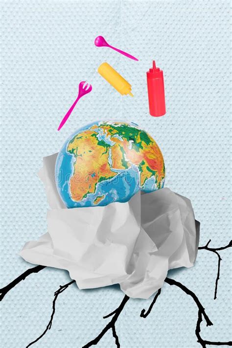 Collage Photo Poster Of Planet Earth Sphere Pollution Garbage Plastic Utensils With Sauce